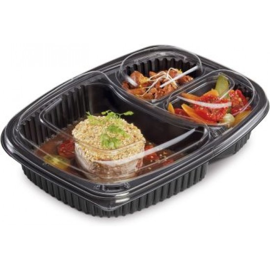 Black Hot Meal Containers : 3 Part Hot Food Container 1250ml ...
